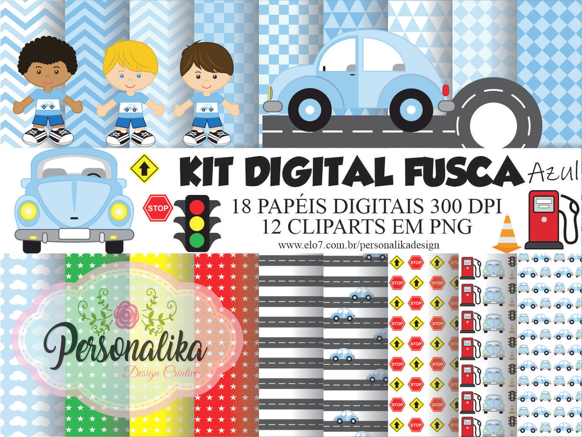 Kit Digital Fusca Azul - Topo de Bolo Para Imprimir
