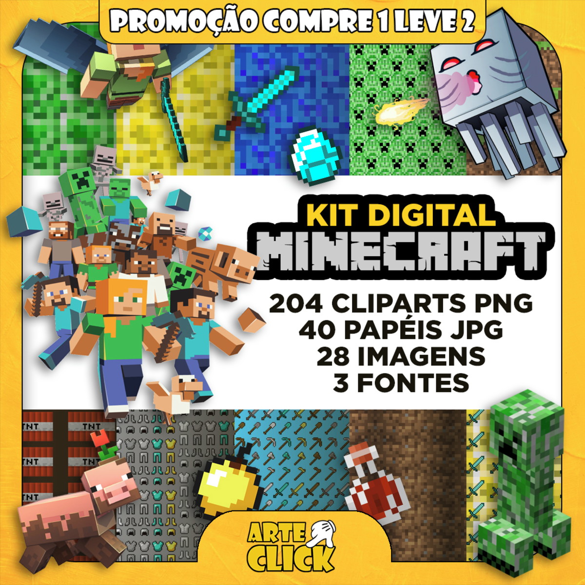 Kit Digital Minecraft - Topo de Bolo Para Imprimir
