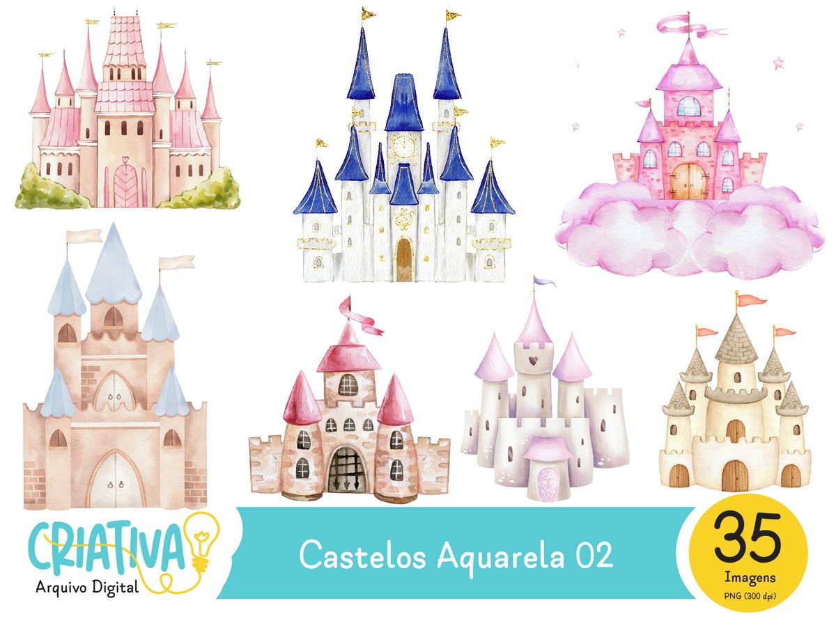 Kit Digital - Castelos Aquarela 02 - Topo de Bolo Para Imprimir