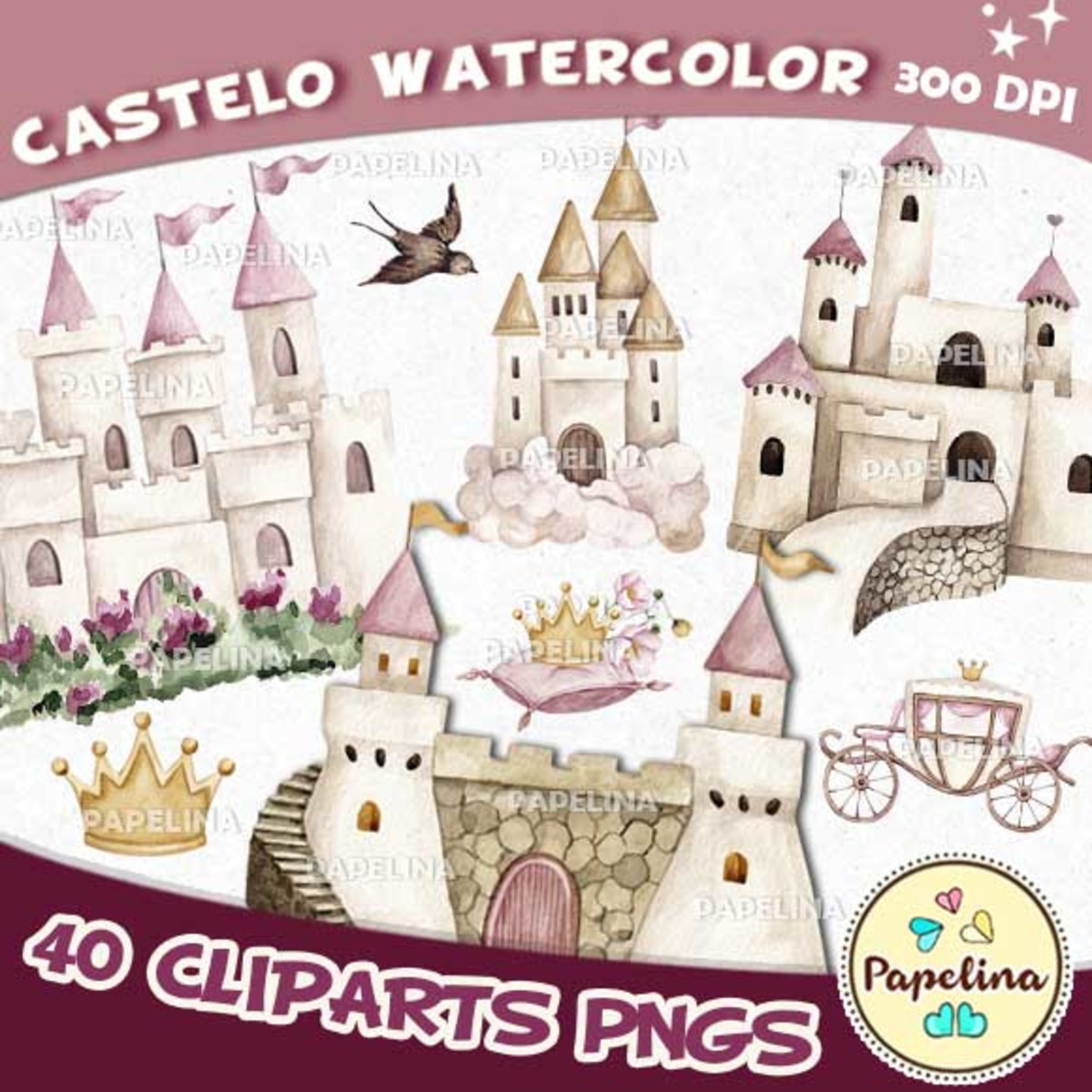 Kit Digital Castelos Aquarela - Topo de Bolo Para Imprimir