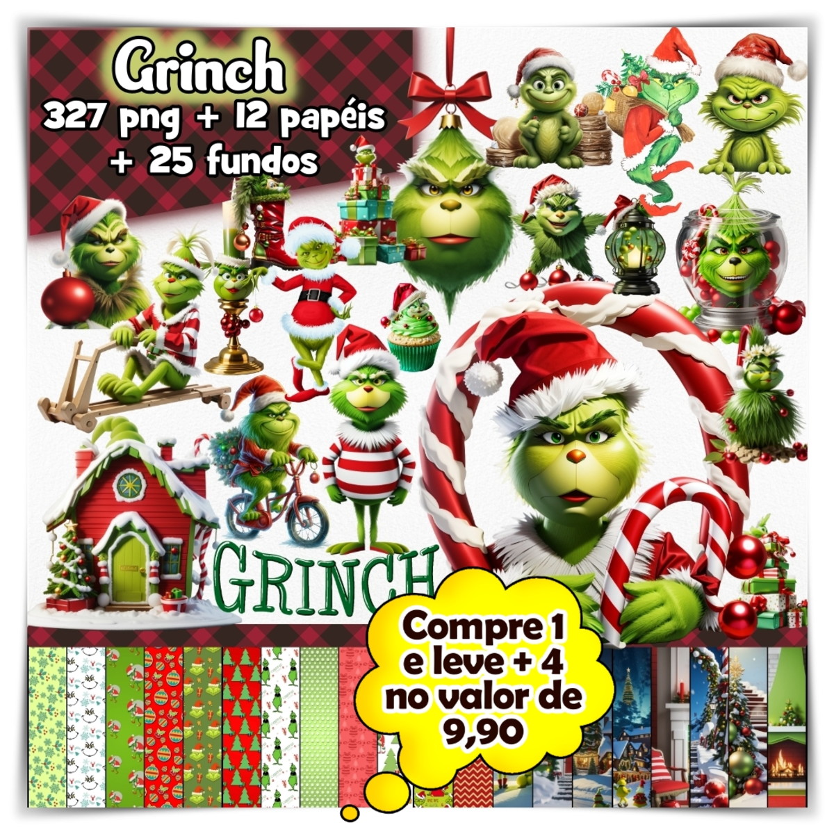Kit Digital Grinch - Topo de Bolo Para Imprimir