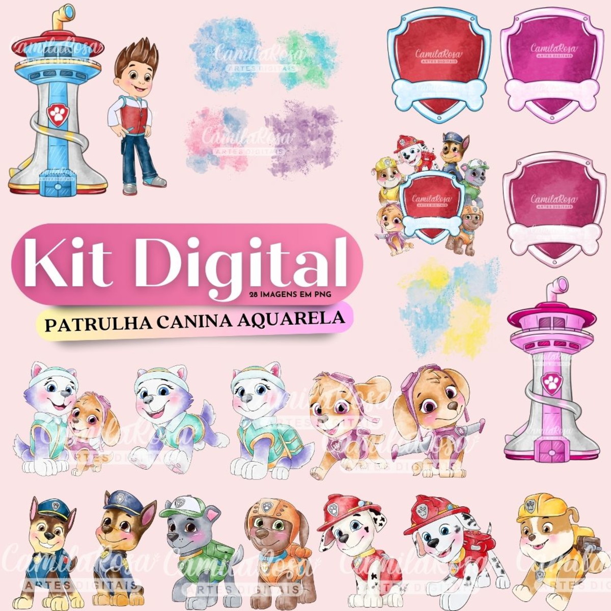 Kit Digital Patrulha Canina Aquarela - Topo de Bolo Para Imprimir Kit Digital Patrulha Canina Aquarela - Topo de Bolo Para Imprimir