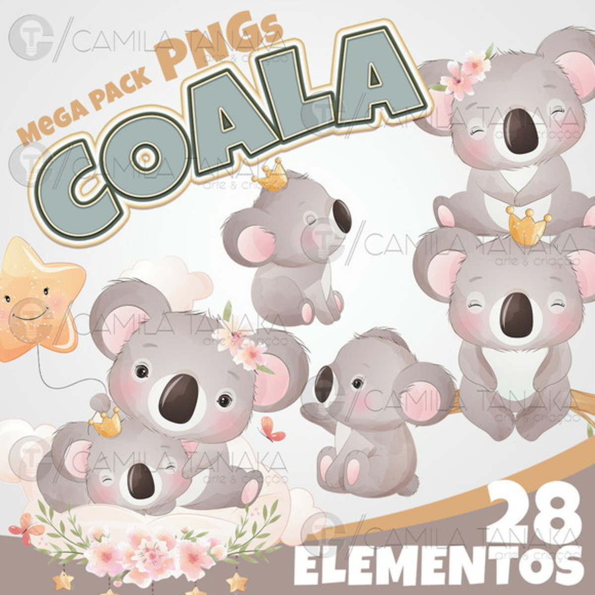 Kit Digital Png Coala Aquarela (pague 1 Leve 3) - Topo de Bolo Para Imprimir