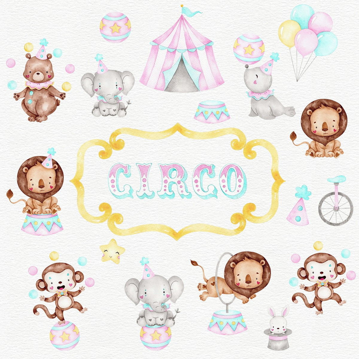 Kit Png Digital -circo Candy Rosa Aquarela - Topo de Bolo Para Imprimir