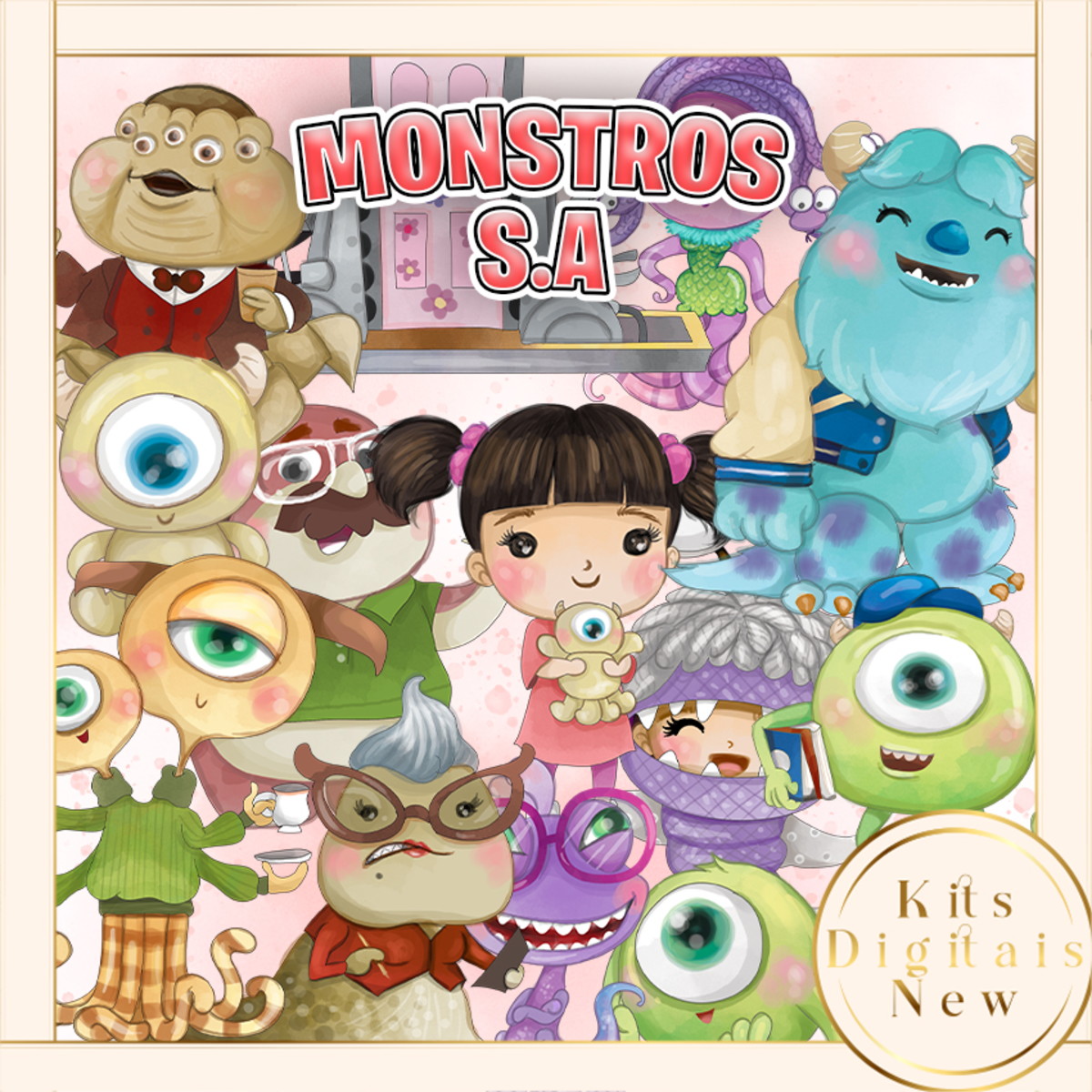 Monstros Sa S.a Aquarela Kit Digital - Topo de Bolo Para Imprimir